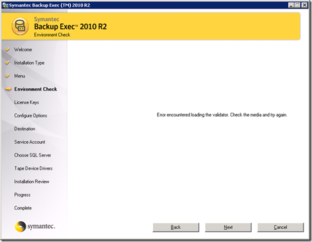 Information Technologies: Errors Installing Symantec Backup Exec 2010 R2